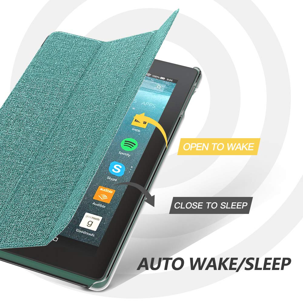 MoKo Case Fits Kindle Fire 7 Tablet (9th Generation, 2019 Release), PU Leather Trifold Stand Cover Frosted Clear Backshell with Auto Wake/Sleep - Denim Green