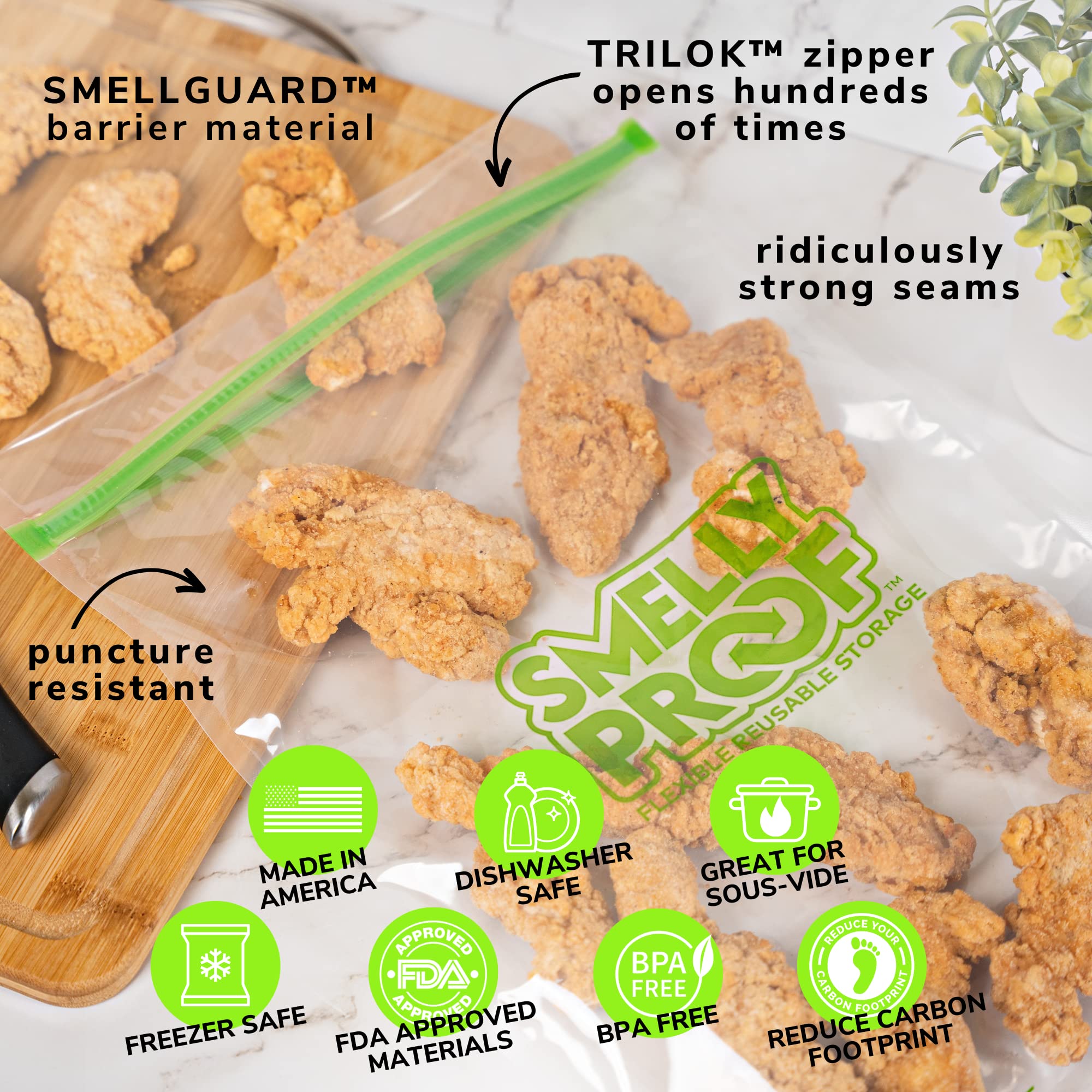 Smelly Proof Reusable Food Storage Bags Bundle - Made in USA, Easy Clean, Dishwasher-Safe, XXL 2-Gallon Freezer Bags & Small SM-Snack Bags, 3-mils Thick, PEVA & BPA Free, 5-Pack & 10-Pack
