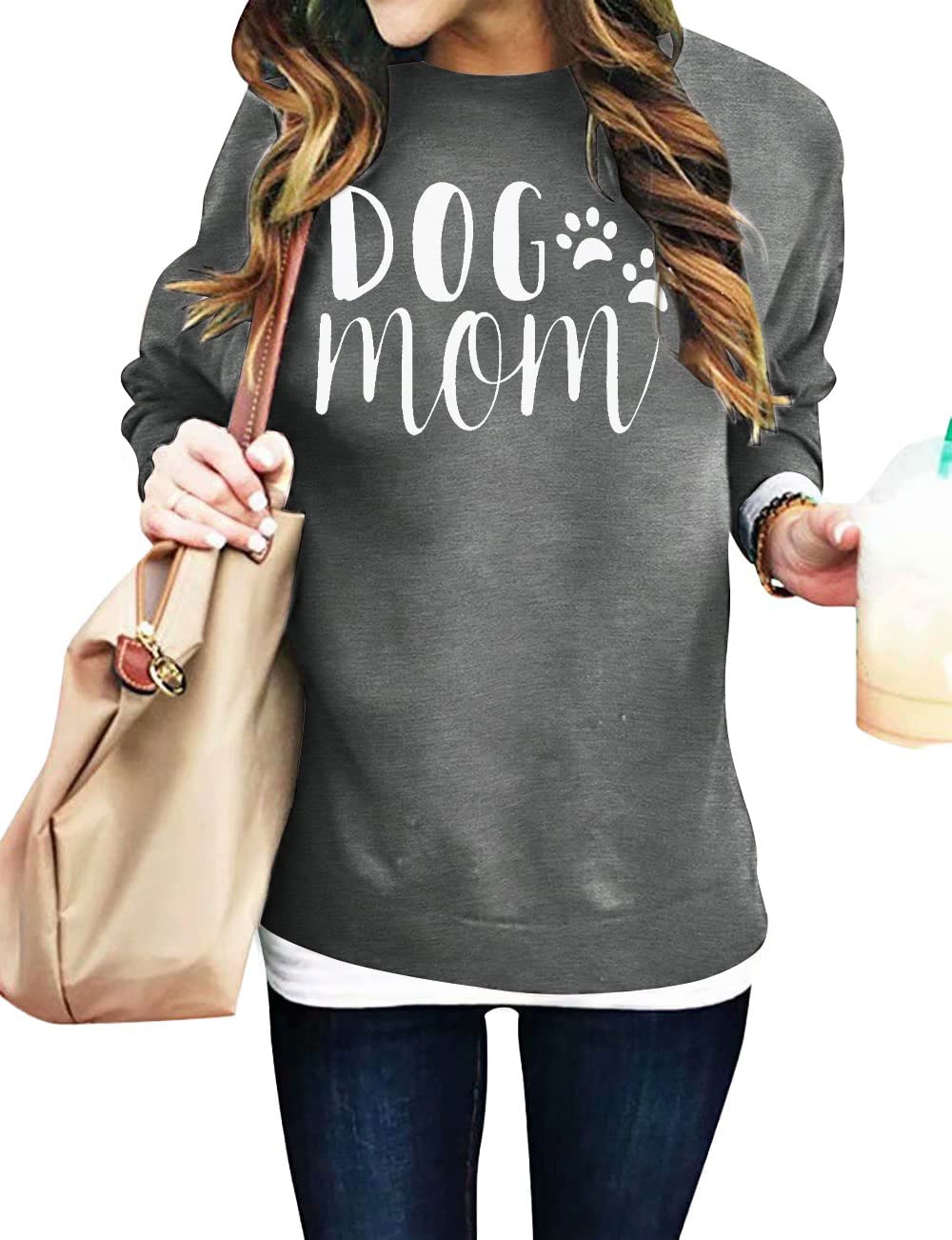 MOUSYA Women Dog Mom Sweatshirt Dog Mama Pullover Cute Dog Paw Graphic Tee Funny Letter Print Long Sleeve Shirt (Small, C_dark Grey)
