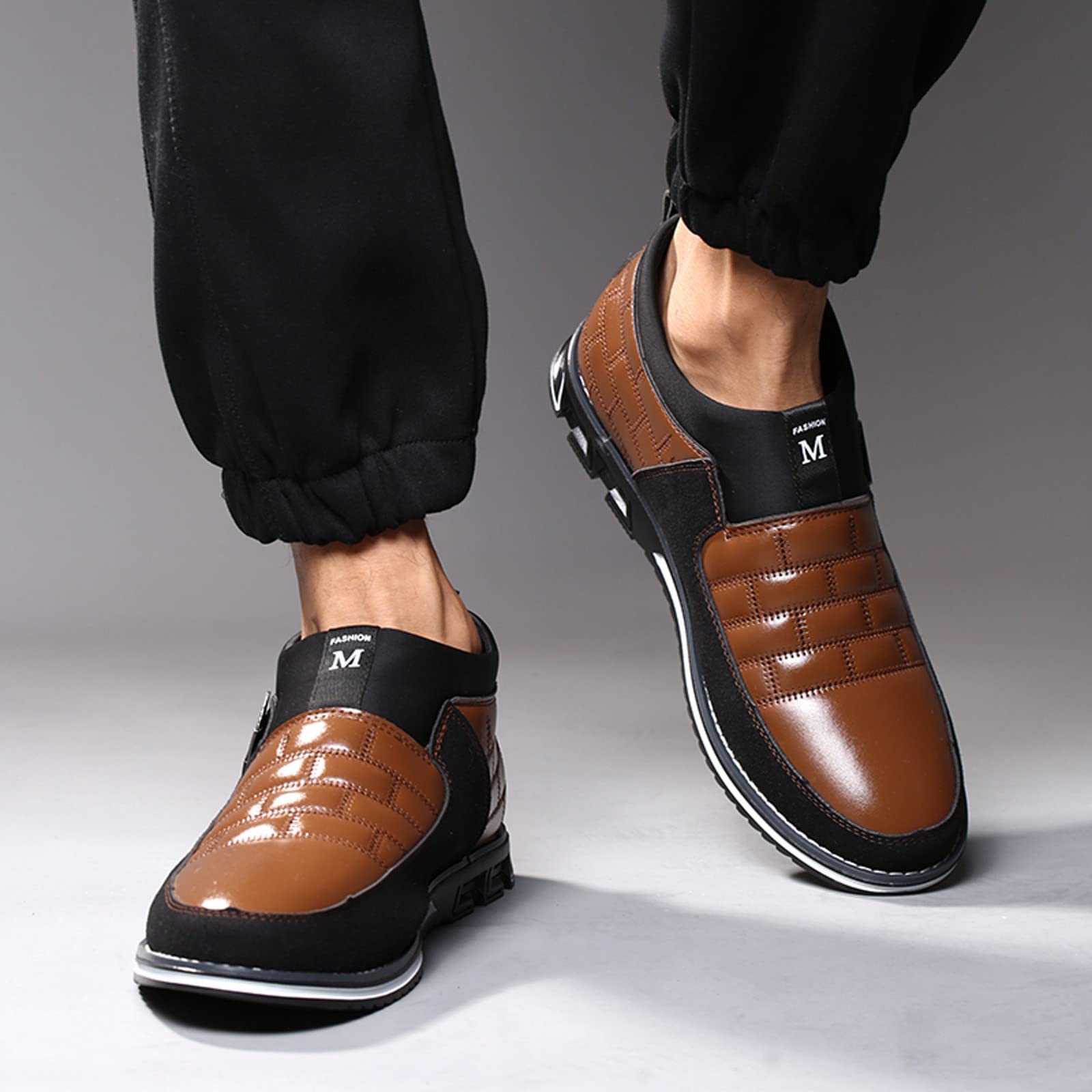 Slip On Running Shoes Men No Laces Classical Style Shoes for Men Slip On PU Leather Low Rubber Sole Block Heel Work