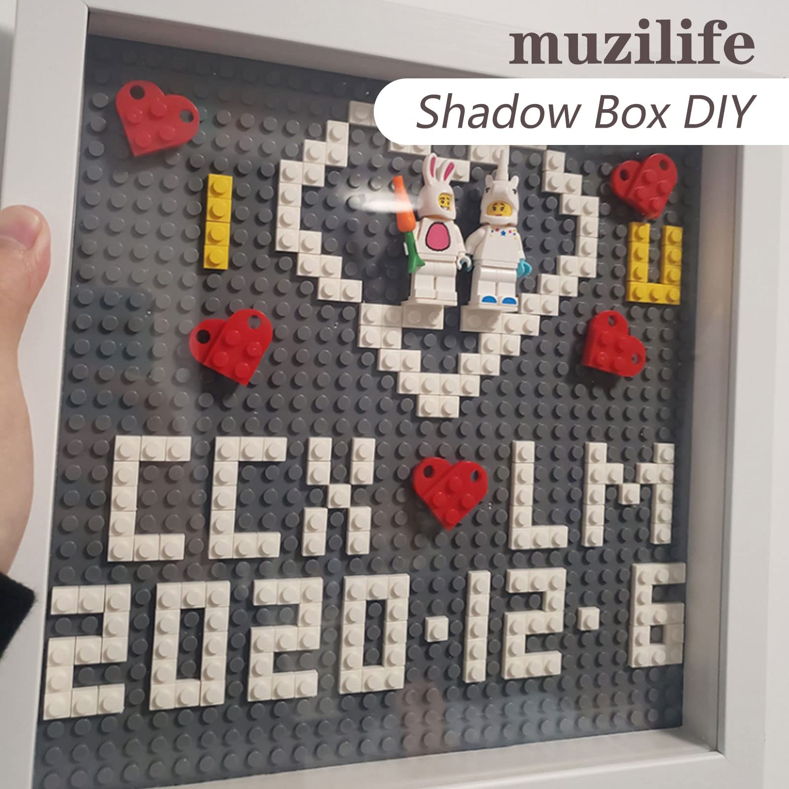 Muzilife Shadow Box Picture Frame with Linen Board Deep Wood Glass Display Case Ready to Hang Memory Box Baby Sports Memorabilia, Pins, Awards, Medals, Wedding, Tickets and Photos (White, 2pcs 8X8)