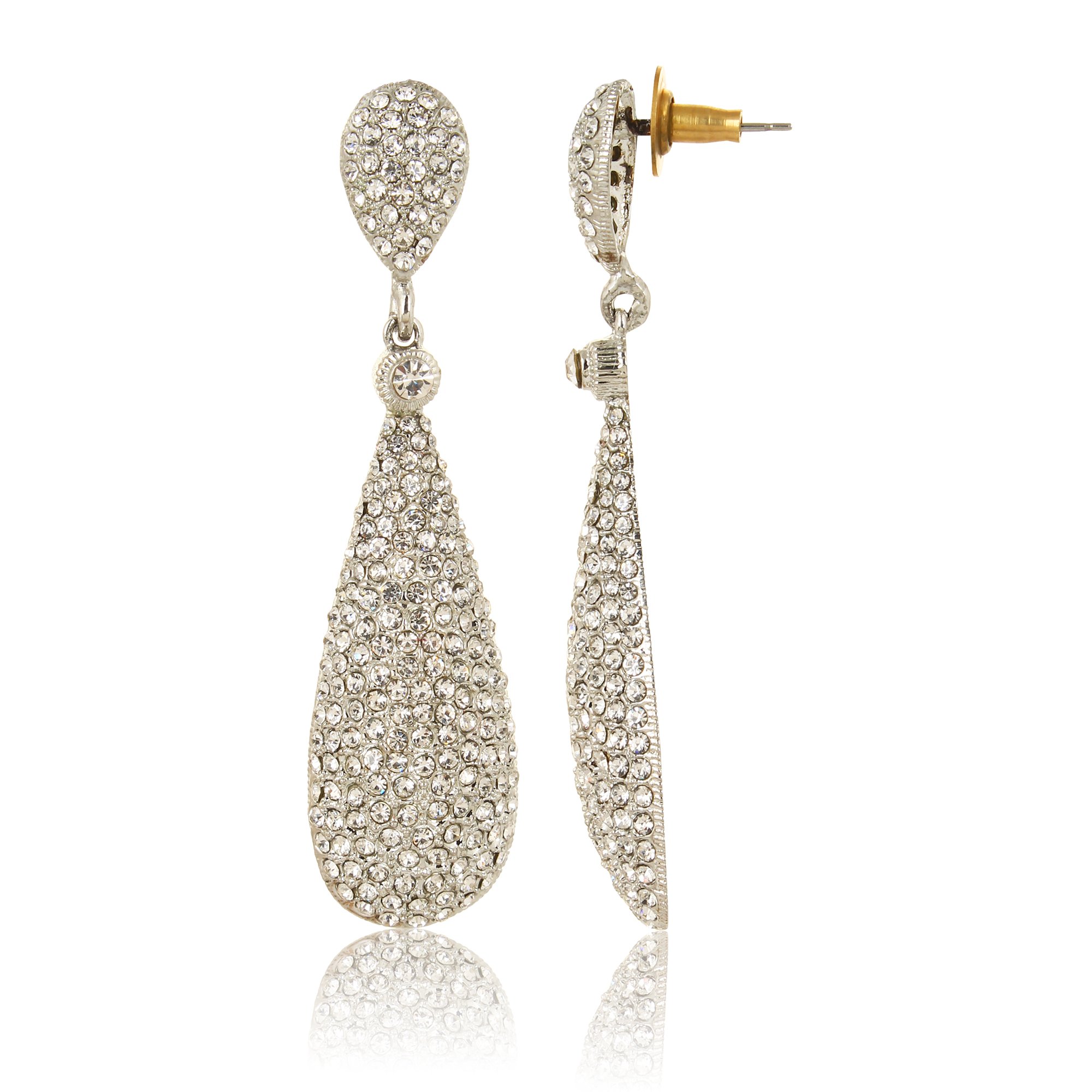 Moonstruck Costume Jewelry Diamond Studded Metal Drop and Dangle Crystal Teardrop Earrings for Women Wedding Party(Silver)