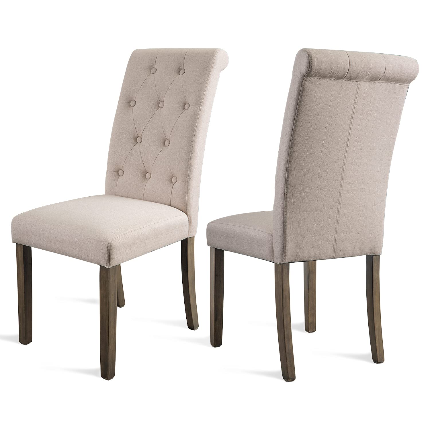 Merax Elegant Fabric Dining Chairs, Set of 2 Aristocratic Style Leisure Padded Tufted Armless Chair with Brown Solid Wood Legs, Beige
