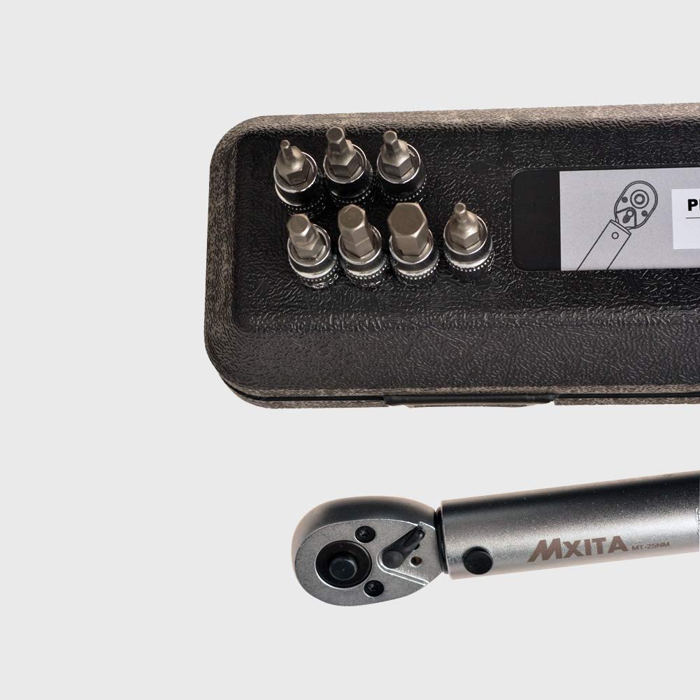 MXITA 1/4 Inch Drive Click Bike Torque Wrench Set (1-25 Nm/ 9-221 in.-lb.) with 3/8 Adapter 18 Pcs,Small Adjustable Allen Key Tool Socket Kit for Road & Mountain Bikes