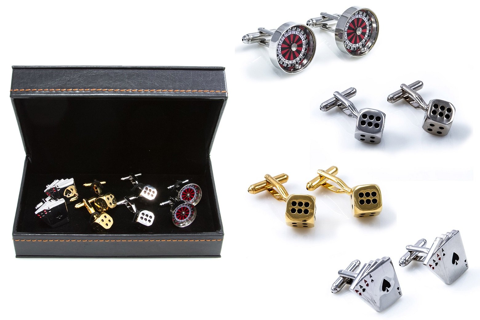 MRCUFF Casino Gambler Card Poker Player Roulette Craps Dice Aces 4 Pairs Cufflinks in Presentation Gift Box & Polishing Cloth