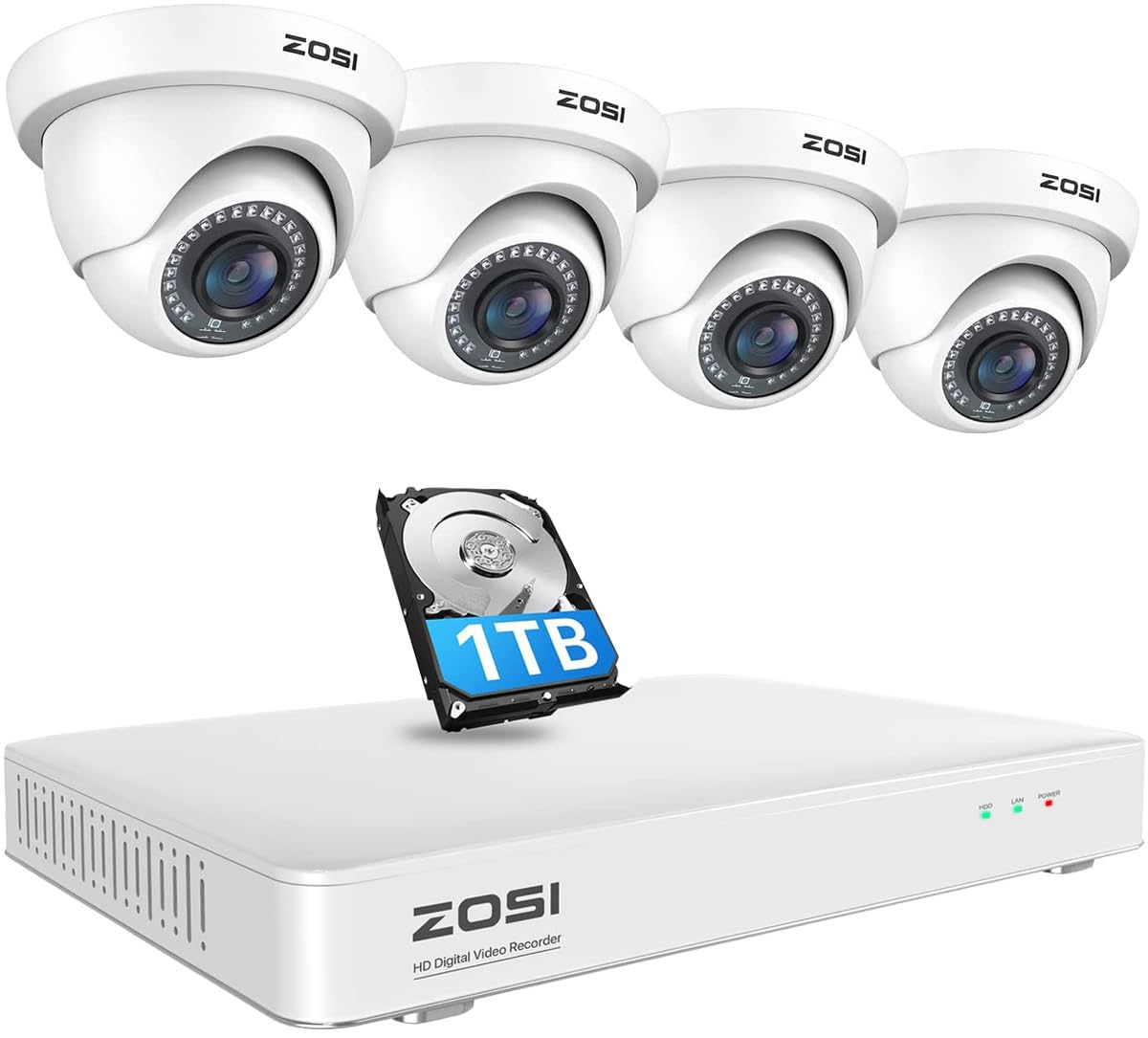 ZOSI 1080P 8 Channel Security Camera System with 1TB HDD,H.265+ 3K Lite 8CH Security DVR Recorder with 4pcs HD 1920TVL 1080P Outdoor Weatherproof CCTV Cameras,Motion Alert,Remote Access