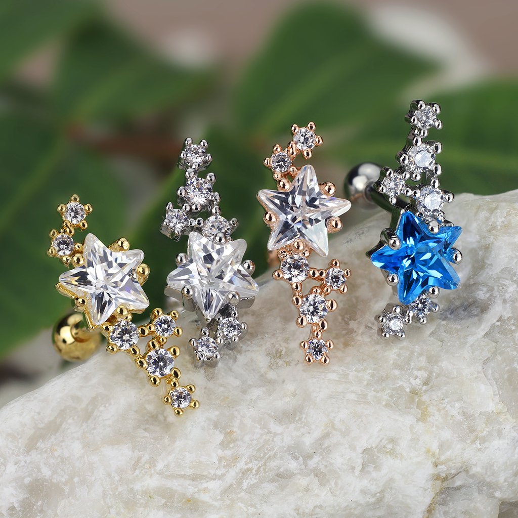 MoBody 16G Lined Cluster CZ Stars with Large Star Center Tragus Earring Stud Surgical Steel Cartilage Helix Piercing (Silver-Tone with Clear CZ)