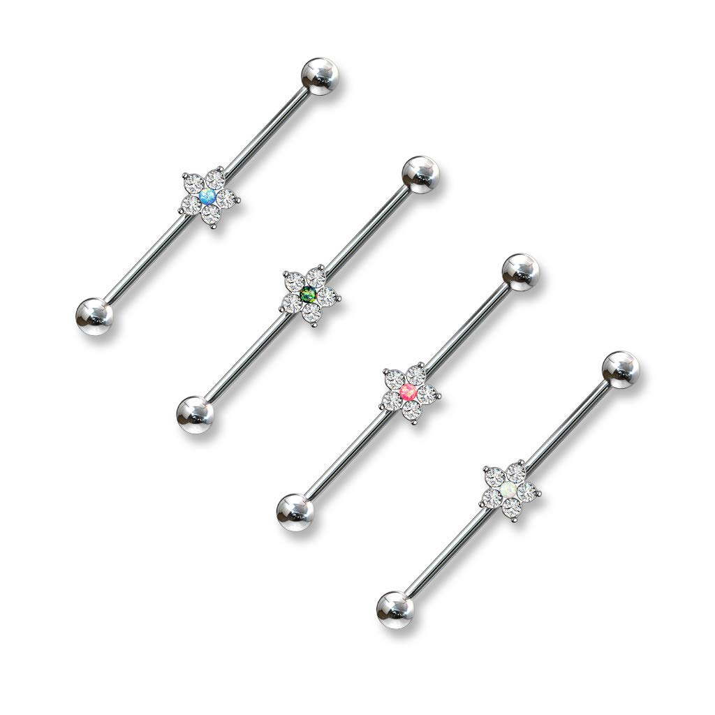 MoBody 5 CZ Flower with Created Opal Center 316L Surgical Steel Industrial Barbell Cartilage Earring 14G (1.6mm) (Blue)