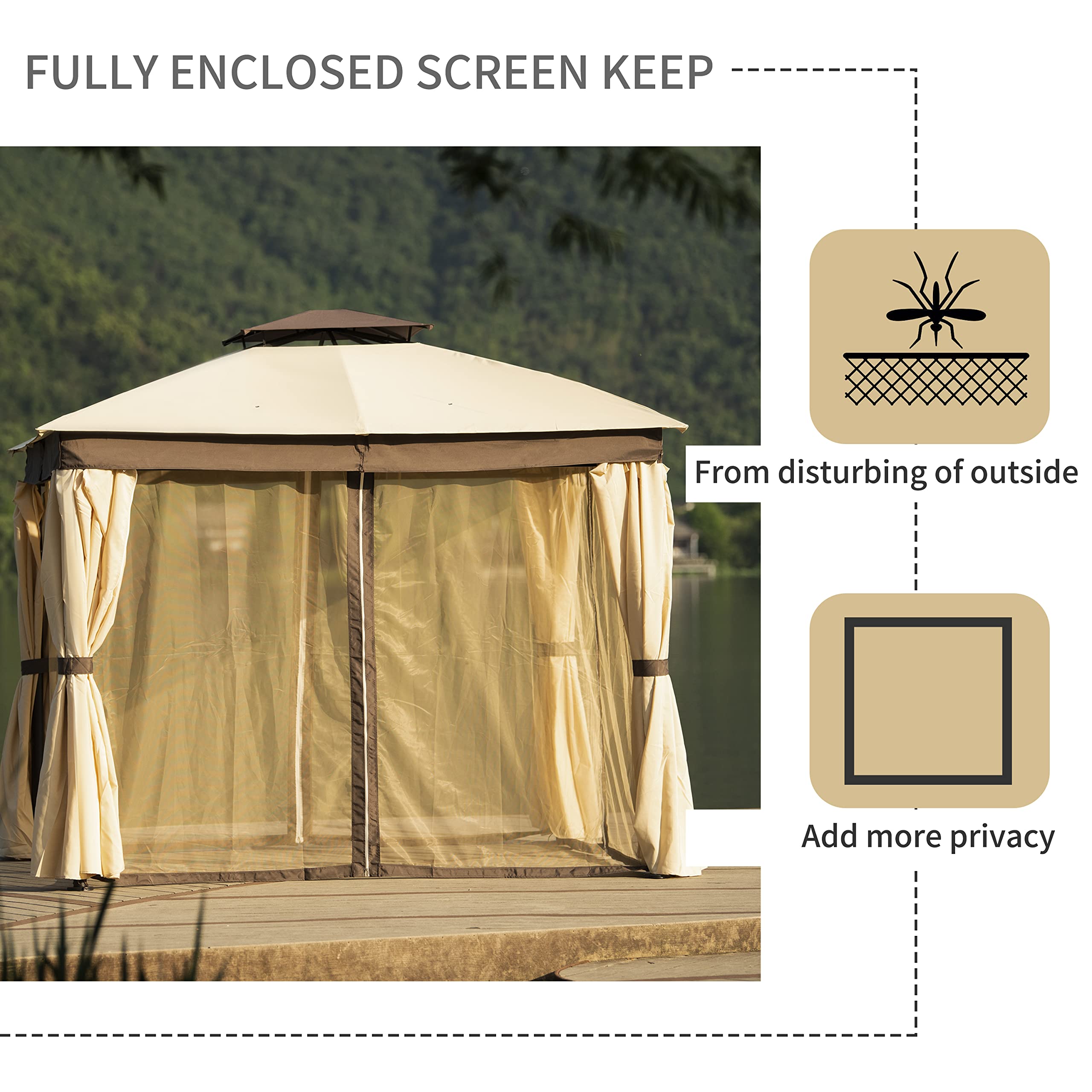 Merax Round Hardtop Gazebo with Removable Curtains, Outdoor Double Roof Canopy Shelter for Patio Garden Backyard Beige