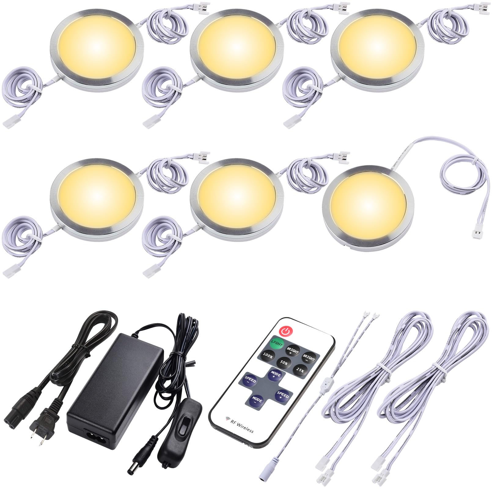 Lvyinyin Kitchen Underneath Cabinet LED Puck Light, Hutch Backsplash Back Lighting, 110V Plug in & Hardwired, Wireless RF Remote Control Dimmable, Linkable, White Wires, Warm White 2700K, 6 Lights