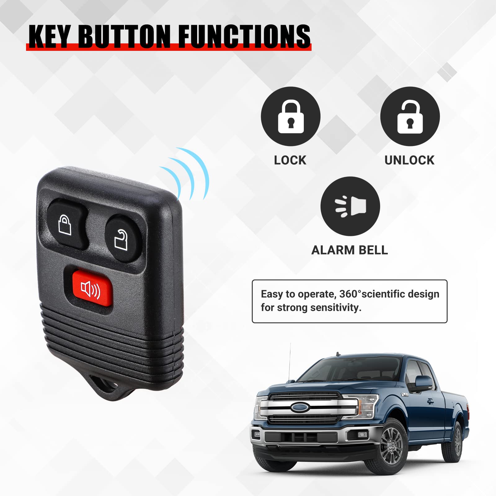 Nextirrer Key Fob Keyless Entry Remote for Ford F150 F250 Explorer Mazda Mercury Lincoln 3 Button Car Key Replacement with 2 Silicone Cover