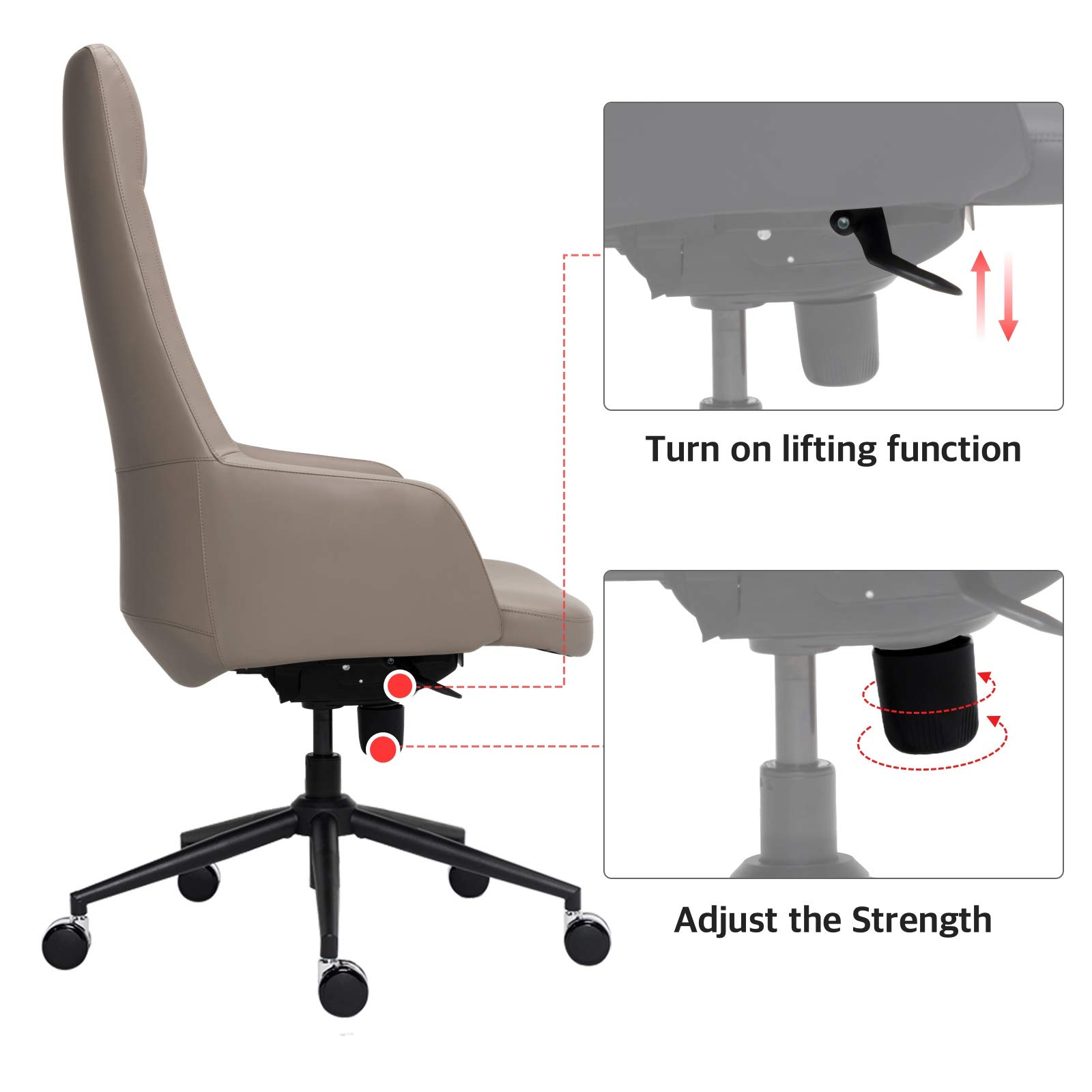 Office Chair Ergonomic Desk Chair Leather Chair Lumbar Support Skate Style Wheels Adjustable Stool Rolling Swivel Chair for Grey