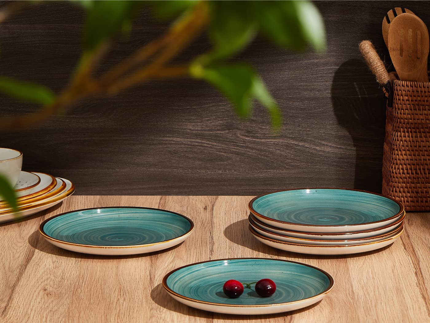 ONEMORE 30 oz Pasta Bowls and 8.5 inch Salad Plates Bundle - Microwave, Oven and Dishwasher Safe - Teal