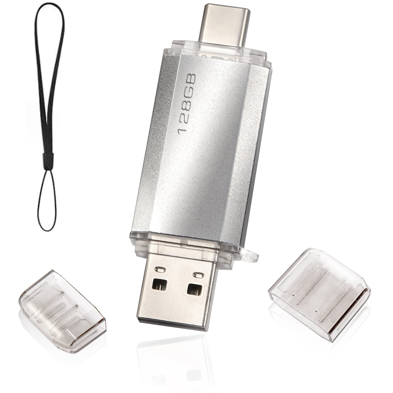 USB Type C Flash Drive 128GB 2-in-1 USB-C Flash Drive High Speed OTG Thumb Drive with Keychain Memory Stick Photo Stick for Android Phones MacBook Tablets PC,Sliver