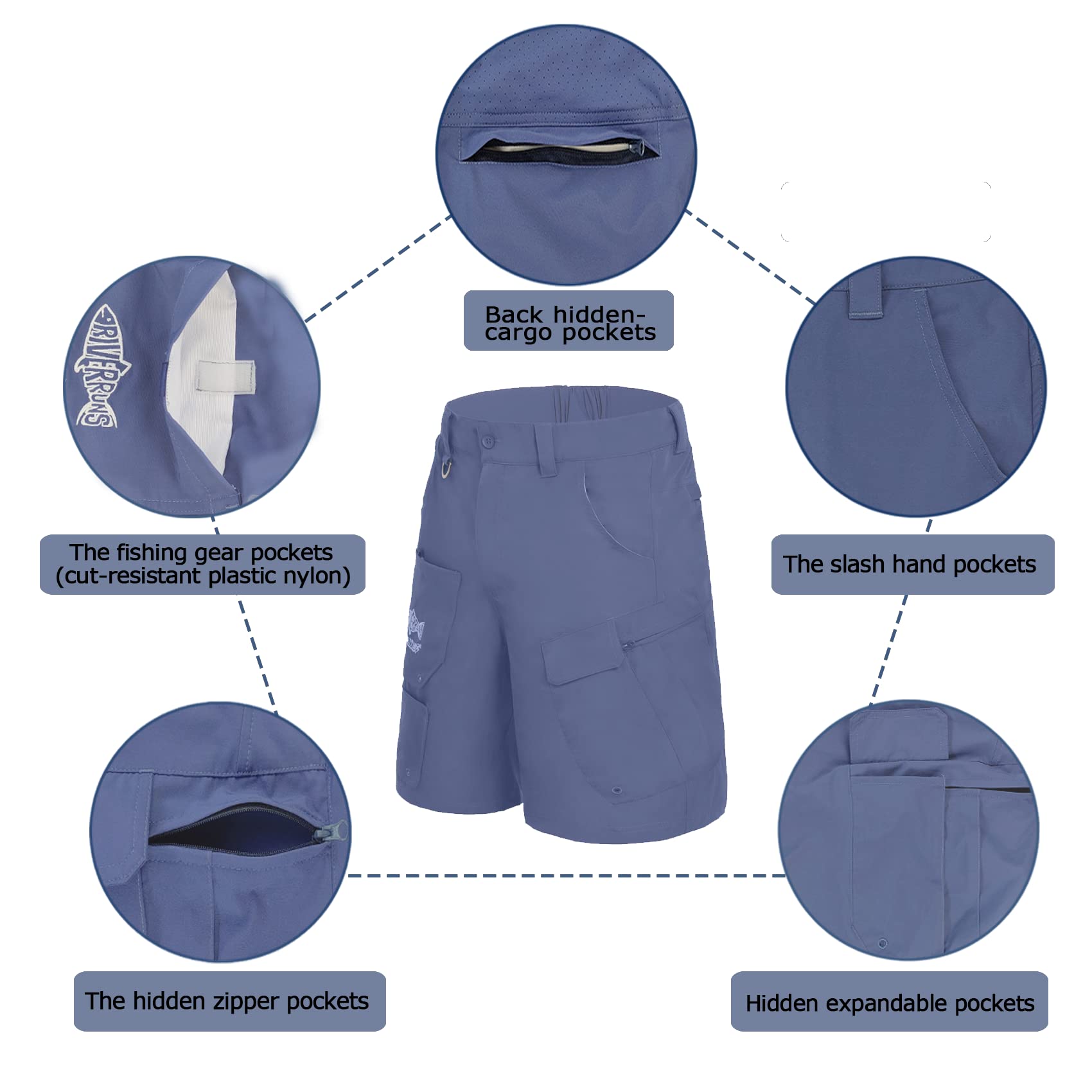 Riverruns 9 Pockets Performance Fishing Shorts, Water-Repellant Cargo Short, Breathable UPF 50+ Hiking Shorts Khaki