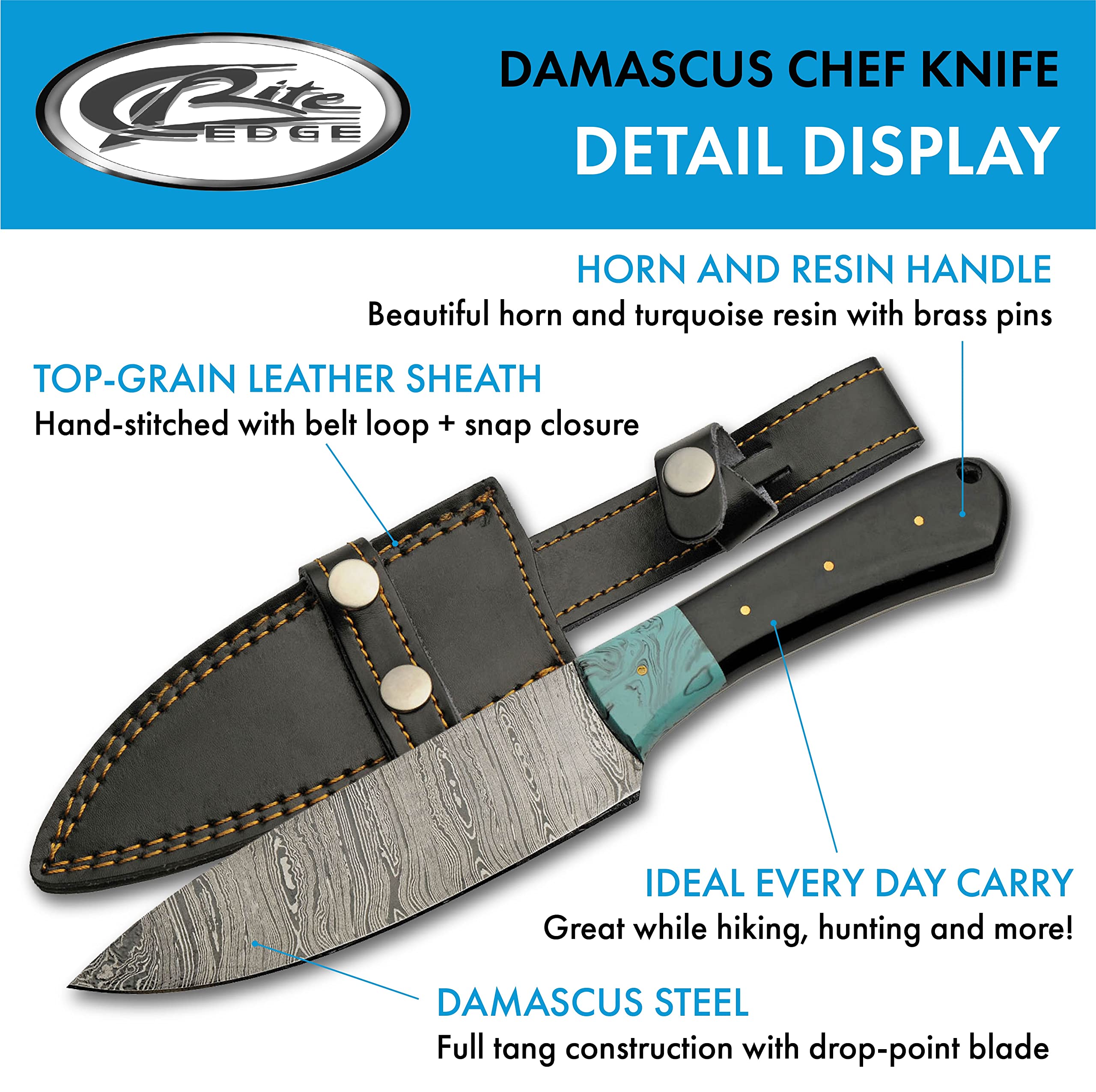 SZCO Supplies 10.75β Horn And Resin Handle Damascus Steel Outdoor Hunting Knife With Leather Sheath