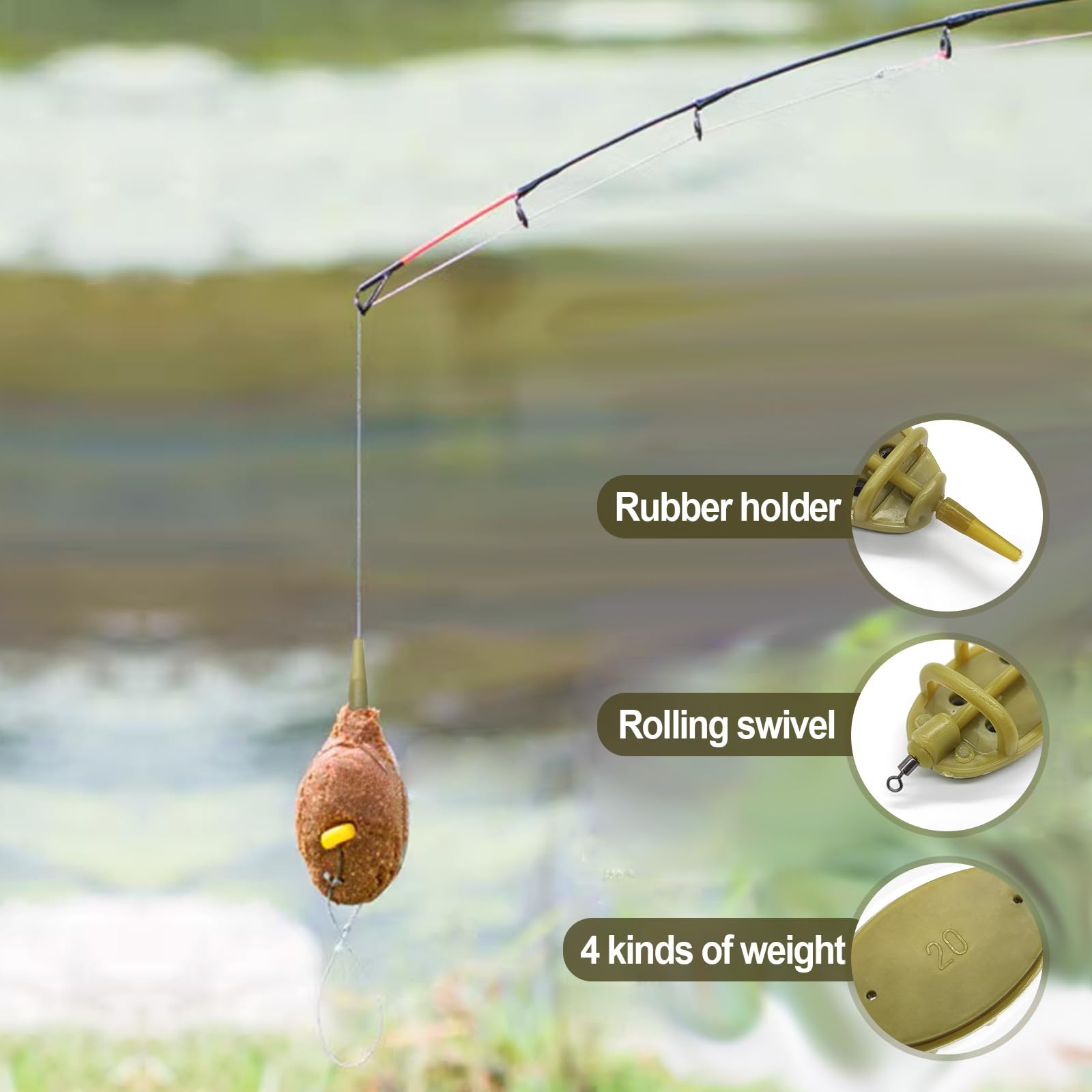 Medsuo 5pcs Fishing Inline Feeders Set Quick Release Method Feeder and Rubber Mould Flat Method Feeder for Carp Fishing 15g 20g 25g 35g (Brown)