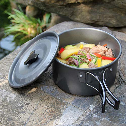 Outdoor Camping Cookware Set with Pot Pan and Kettle,Camping Cookware Mess Kit Portable Hiking Backpacking Cooking Pot Set Survival Cooking Gear Lightweight Cookware(B-Black)