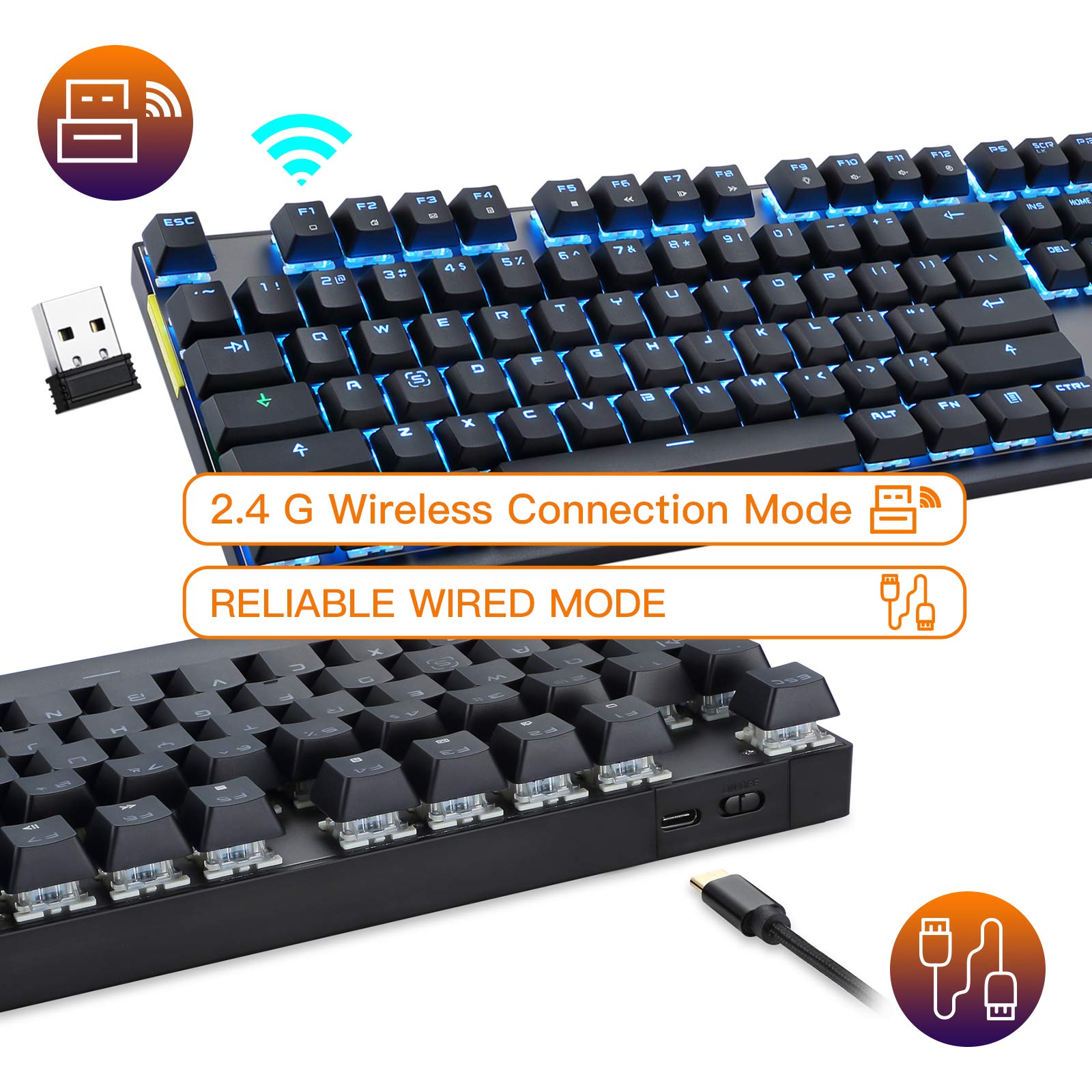 MOTOSPEED 2.4GHz Wireless/Wired Mechanical Keyboard 87Keys Led Backlit Brown Switches Type-C Gaming Keyboard for Gaming and Typing,Compatible for Mac/PC/Laptop