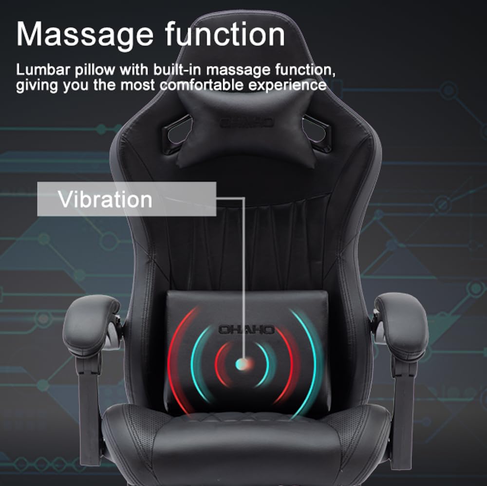 OHAHO Gaming Chair, Office Chair High Back Computer Chair Leather Desk Chair Racing Executive Ergonomic Adjustable Swivel Task Chair with Headrest and Lumbar Support (Dark Black)