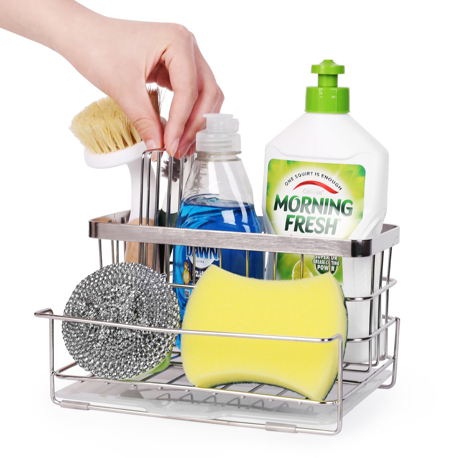 Optish Sponge Holder for Kitchen Sink, Rustproof Soon Neat Kitchen Sink Caddy with Drip Tray, Non-Slip Kitchen Sink Organizer with Brush Holder for Countertop