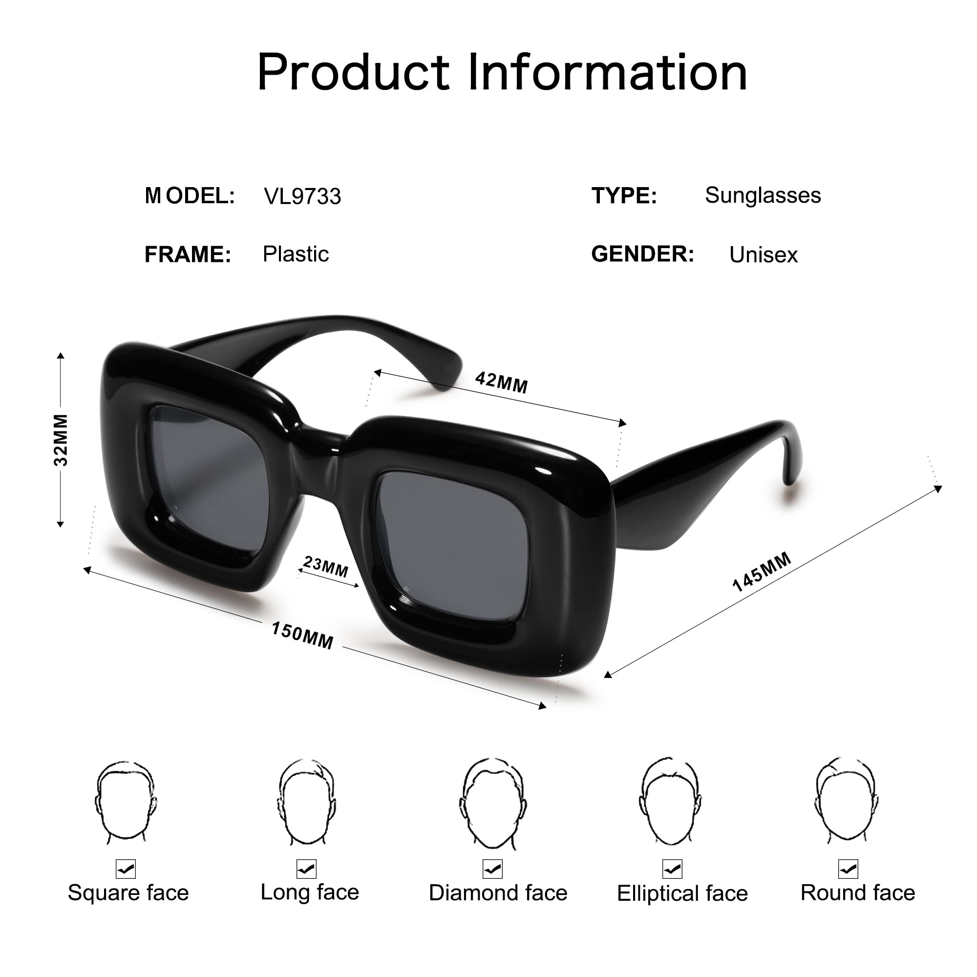 VANLINKER Cute Square Inflated Sunglasses for Women Men Trendy Chunky Glasses Retro Thick Frame Funny Mask Shades VL9733 Black