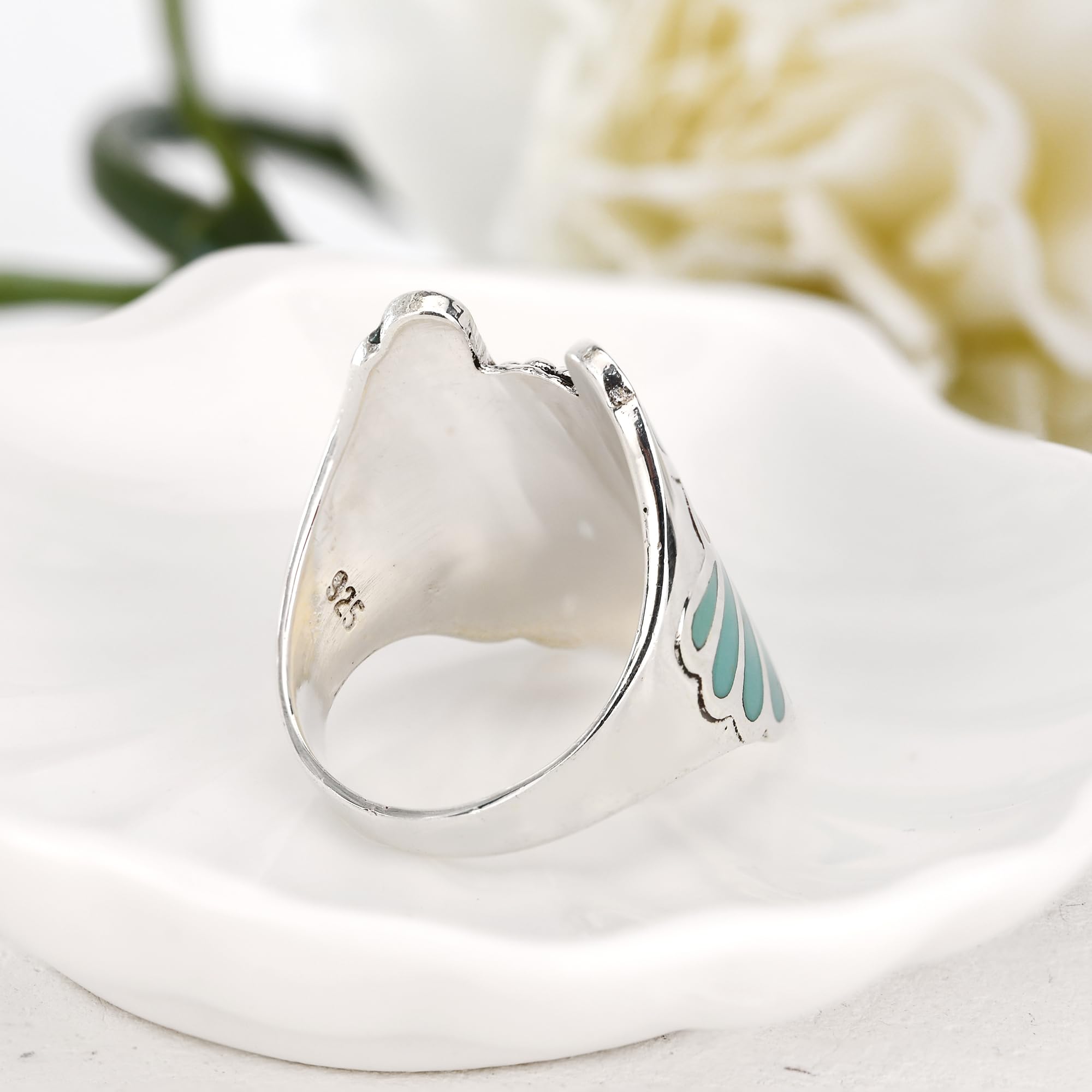 Native American Indian Symbol Simulated Turquoise-Reconstructed Red Coral .925 Sterling Silver Ring (8)