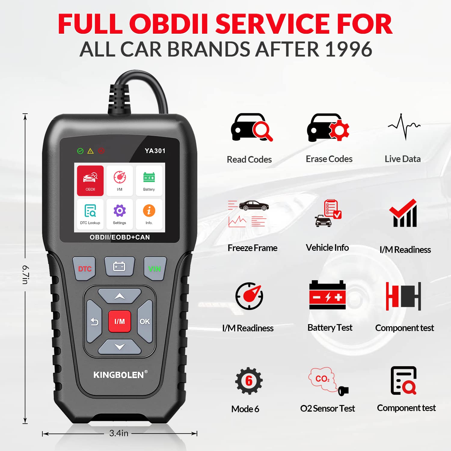 OBD2 Scanner,Car Code Reader Check Engine Light Auto OBD-II CAN Diagnostic Scan Tool with Live Data,10 OBDII Test Modes, Lifetime Free Upgrade (YA-301). Black