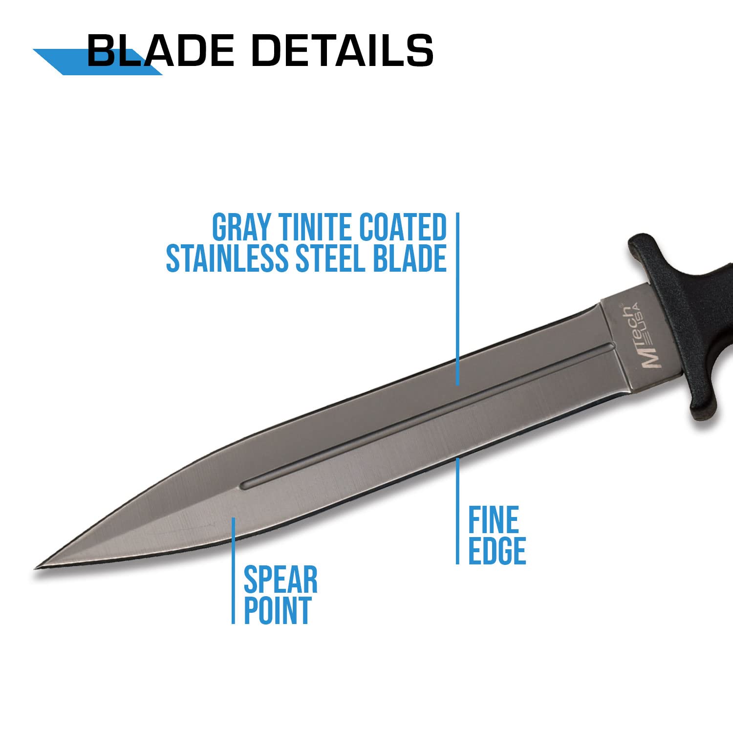MTech USA – Fixed Blade Knife – Grey TiNite Coated Stainless Steel Blade with Black ABS Handle, Includes Black Nylon Sheath - Hunting, Camping, Survival, Tactical, EDC – MT-20-77GY