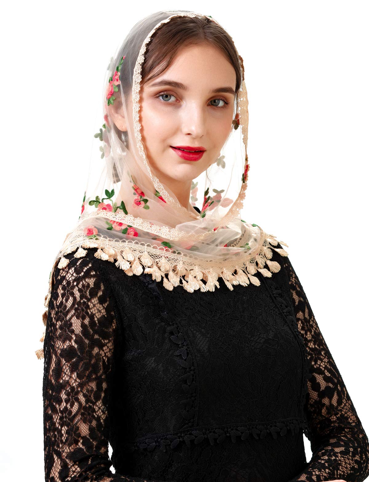 PAMOR Triangle Little Flower Chapel Veils Embroidered Scarf Shawl Latin Mass Head Covering Mantilla Veil for Church (Champagne Rose)