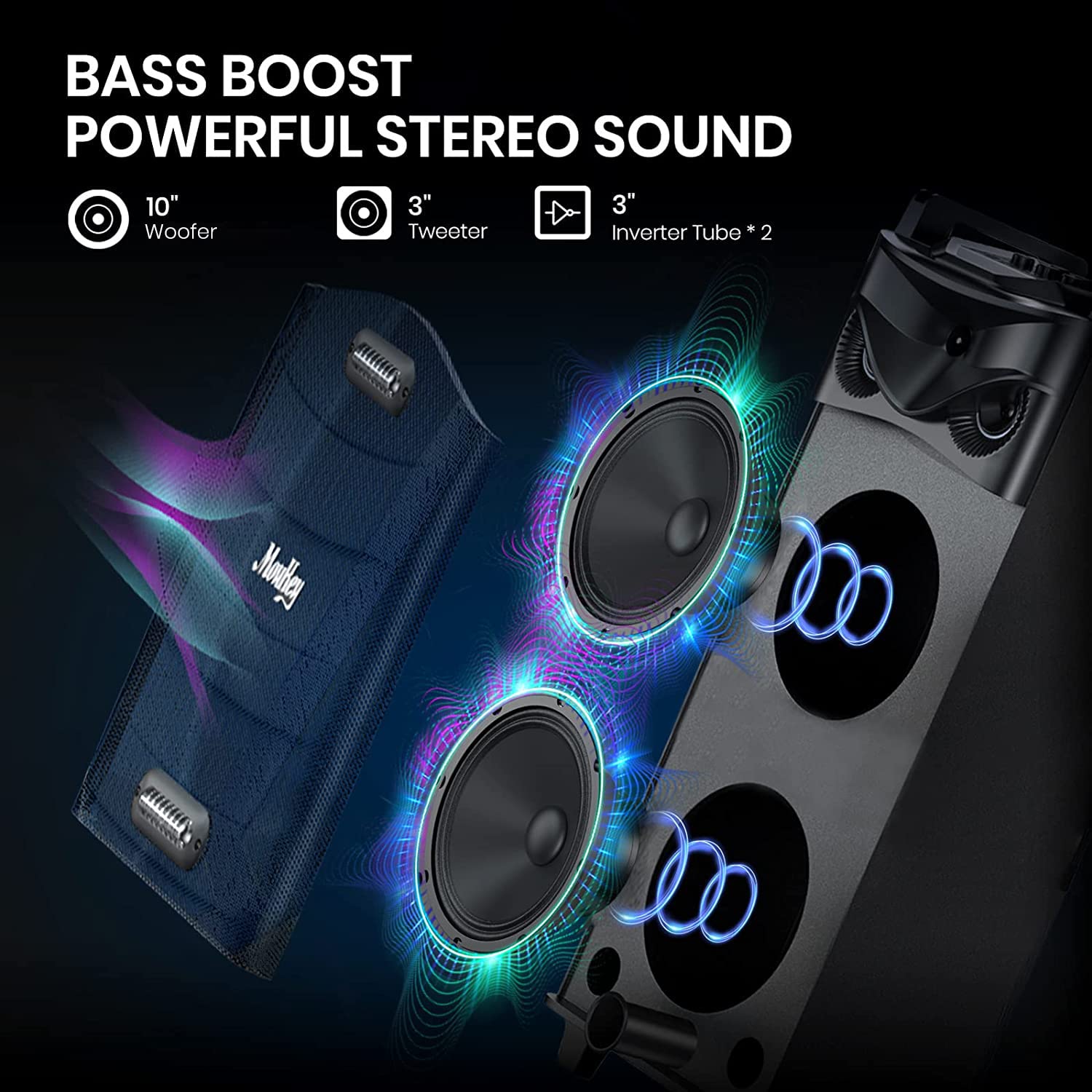 Moukey Karaoke Machine, PA System Double Woofer for Party, Portable Bluetooth Speaker w/ 2 Wireless Microphone, Disco Lights and Echo/Treble/Bass Adjustment, Support TWS/REC/AUX/MP3/USB/TF/FM