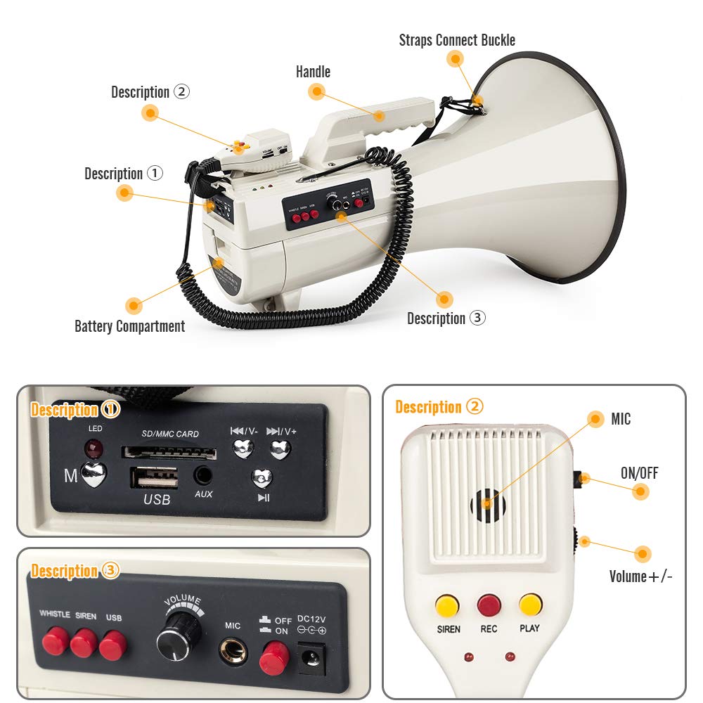 My Mealivos 75 W 2000 Professional Yard Sound Range Heavy PA Bullhorn Megaphone Speaker, Adjustable Volume, Loud Hand Held Megaphone, Outdoor Activities, Coaching, Football, Baseball, Hockey(Ivory)