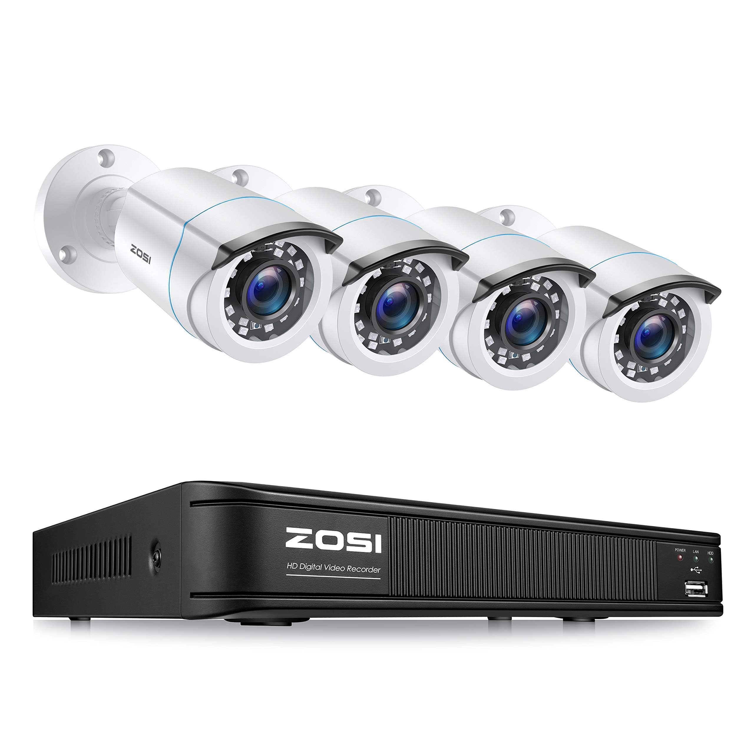 ZOSI H.265+1080p Home Security Camera System,8 Channel 5MP-Lite CCTV DVR with 4 x 1080P Weatherproof Surveillance Bullet Camera Outdoor/Indoor with 80ft Night Vision,Remote Access, Motion Alerts