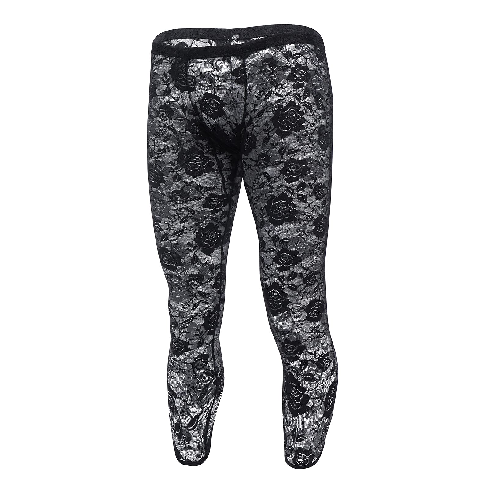 Men's Sissy Floral Lace Sheer Mesh Long Pants Leggings Low Rise Semi See Through Transparent Long Johns Tights Black Small