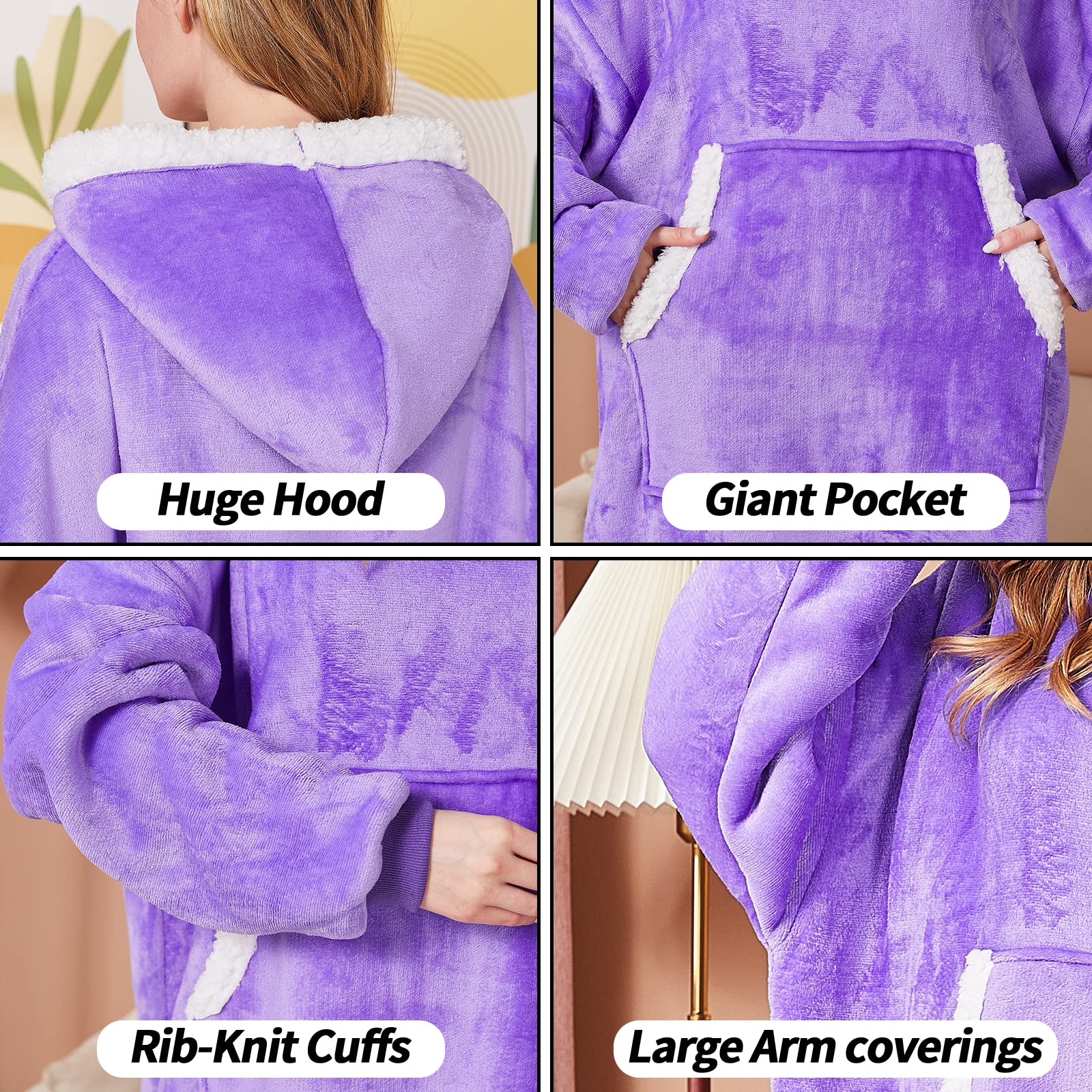Oversized Sherpa Wearable Blanket Hoodie, Pullover Sweatshirt Warming Blanket for Women Gift Idea for Adults Teens Men, Navy, One Size