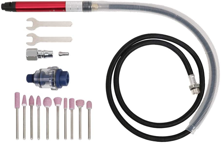 VOTOER 1/8" (3mm) Pneumatic Air Micro Die Grinder Polishing Tool Kit, 3mm Chuck Pencil Type Rotary Engraving Cutting Grinding Tool Set, 58000RPM, 90psi