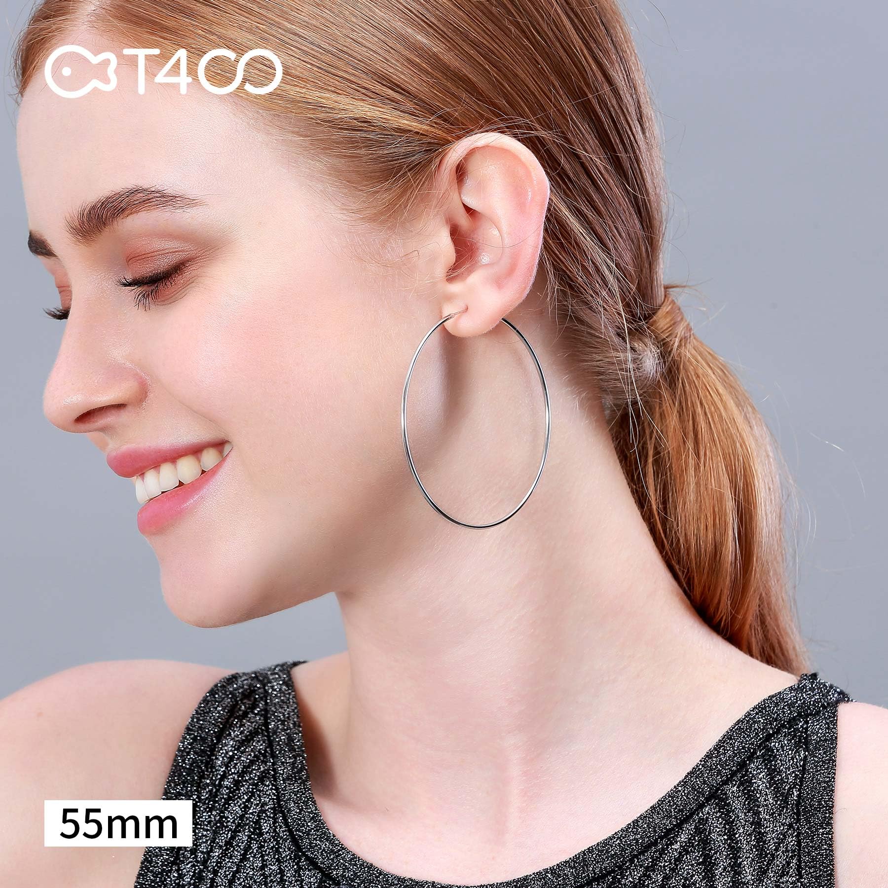 T400 925 Sterling Silver Hoop Earrings Large Thin Lightweight Round Hoops for Women 75mm