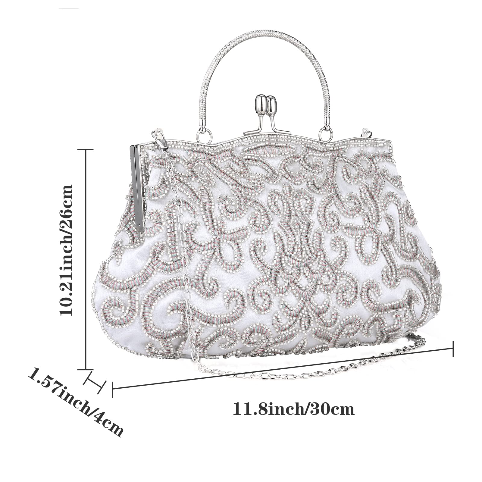 Rkrouco Women's Embroidery Beaded Sequin Evening Clutch 1920s Vintage Handbag Suitable for Wedding Party Purse. (Silver)