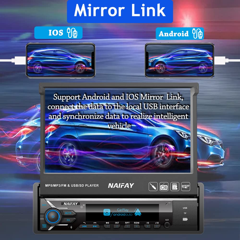 Single Din Touchscreen Car Stereo with Apple Carplay and Android Auto,7 inch Flip Out Screen Car Stereo with Bluetooth Foldable Car Audio Receiver with Backup Camera Mirror Link/FM/USB/AUX/TF
