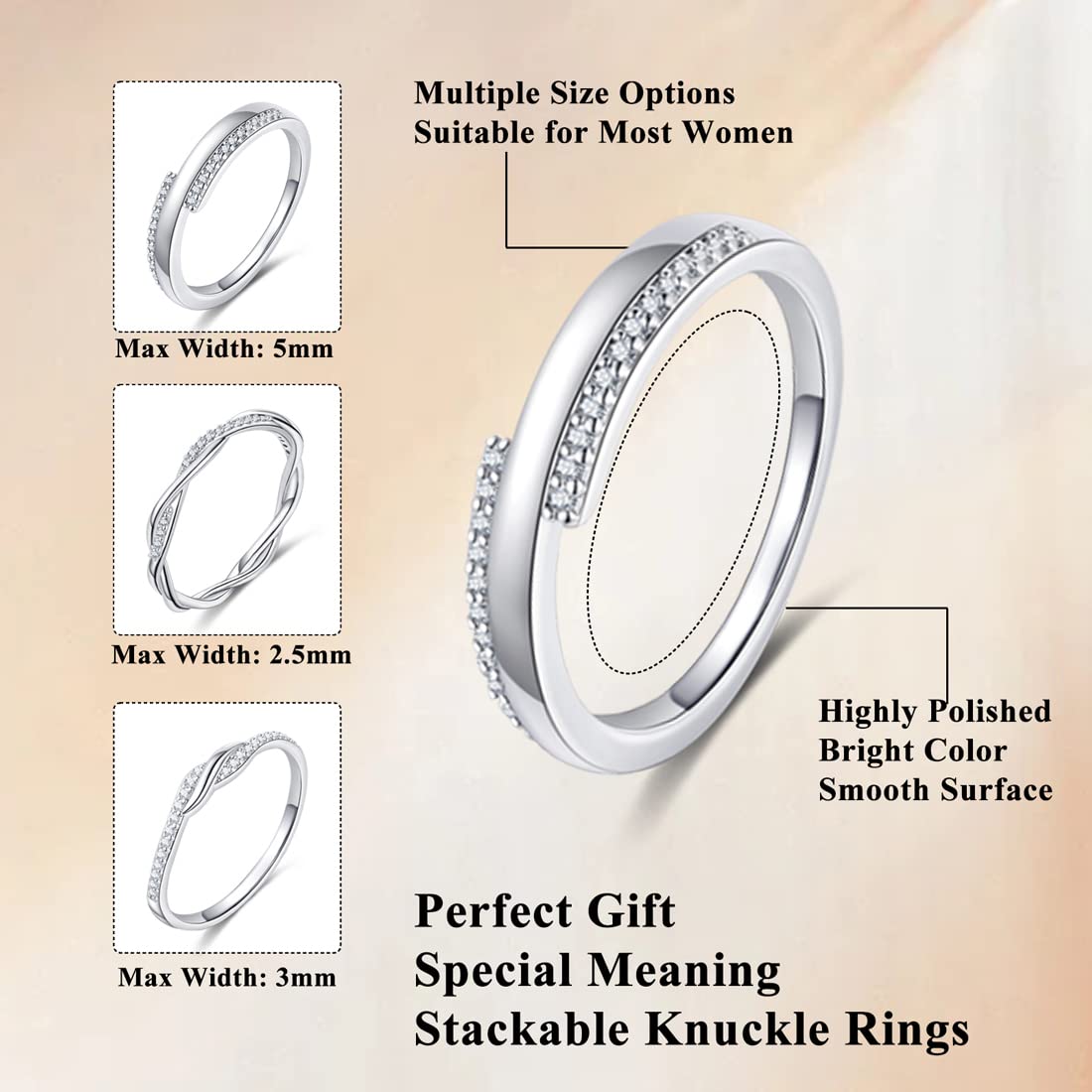 Sunssy 3PCS Stacking Rings Set for Women Stackable Thumb Rings for Teen Girls Simple Thin Dainty Silver Ring Set CZ Eternity Wedding Ring Size 5 to 9