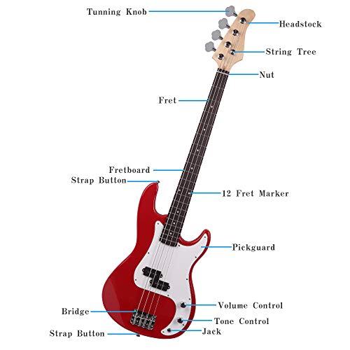Vasitelan Electric Bass Guitar Full Size 4 String 46 Inch Bass (Red)