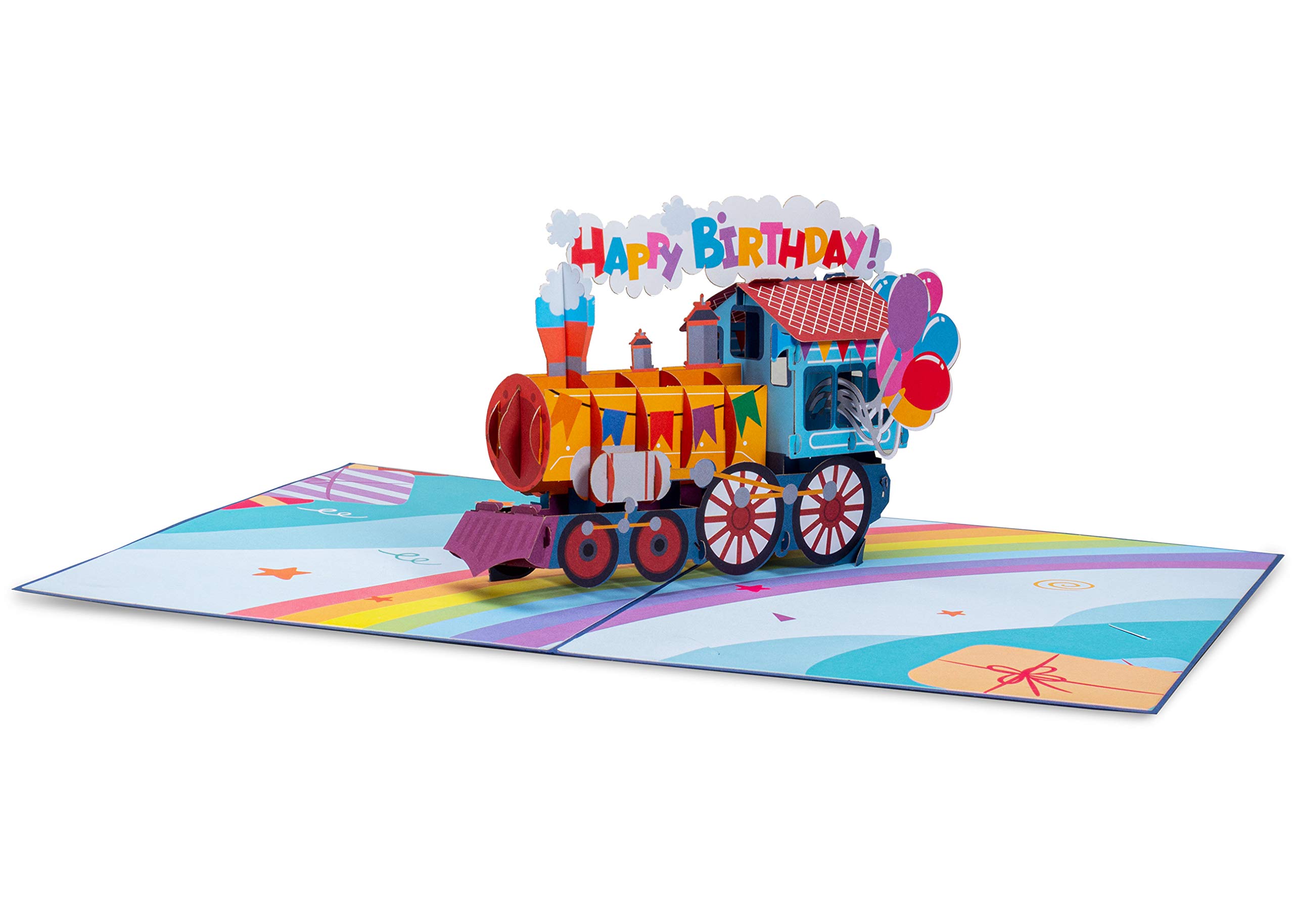 Paper Love Happy Birthday Train, Handmade 3D Pop Up Birthday Card - 5"x7" Cover - Includes Envelope and Note Tag