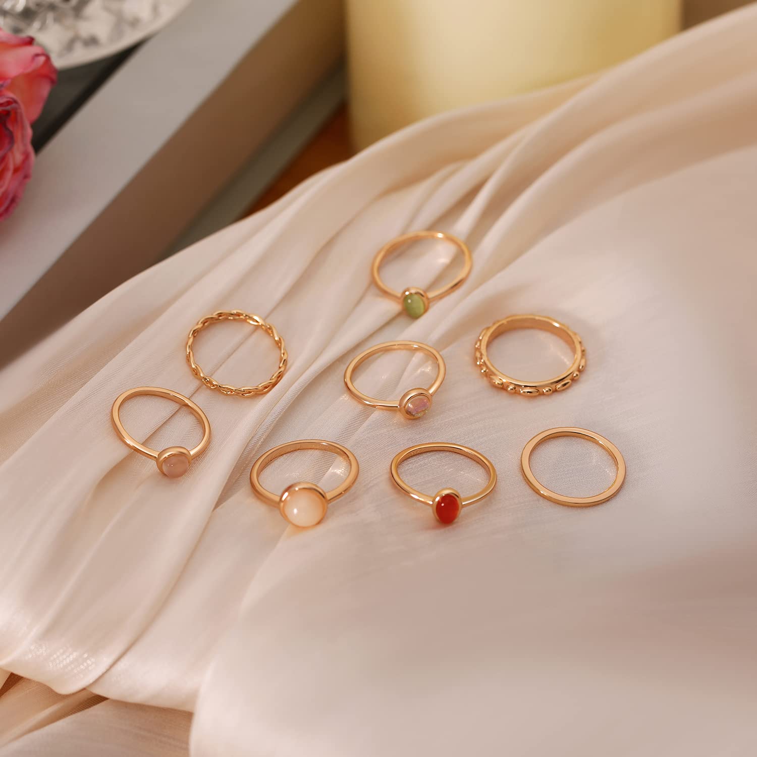 RLMOON 8PCS 14K Gold/Silver Plated Stackable Ring Set for Women Stacking Midi Finger Ring Agate Moonstone Rings SIze 7