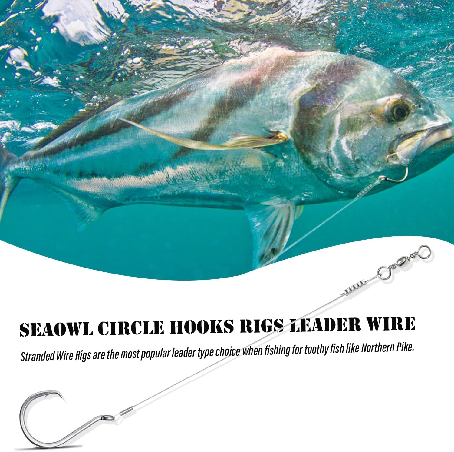SEAOWL Saltwater Steel Circle Hook Rigs,Octopus Offset Fishing Hooks Leader Wire for Catfish Bass