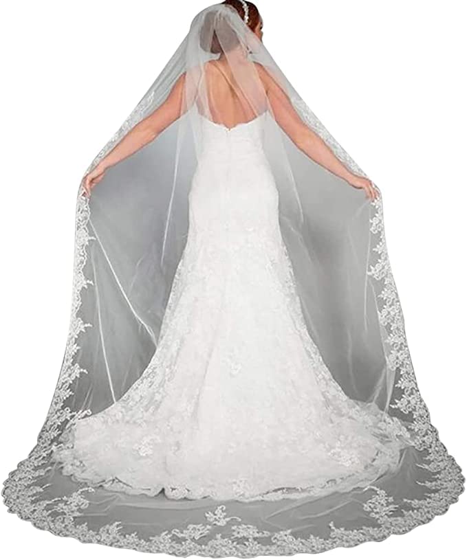 SYZ-inems Wedding Veil and Tiara, Veils for Brides, 1 Tier Lace Cathedral Wedding Veil with Comb (59" W-118 L,White)