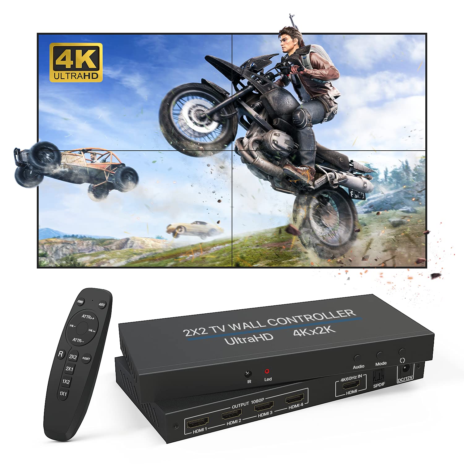NIERBO 2x2 HDMI Video Wall Controller, 1080P@60HZ HD Display, 180 Degree Rotate, 8 Display Modes - 2x2, 1x2, 1x3, 1x4, 2x1, 3x1, 4x1, HDMI Input & Output