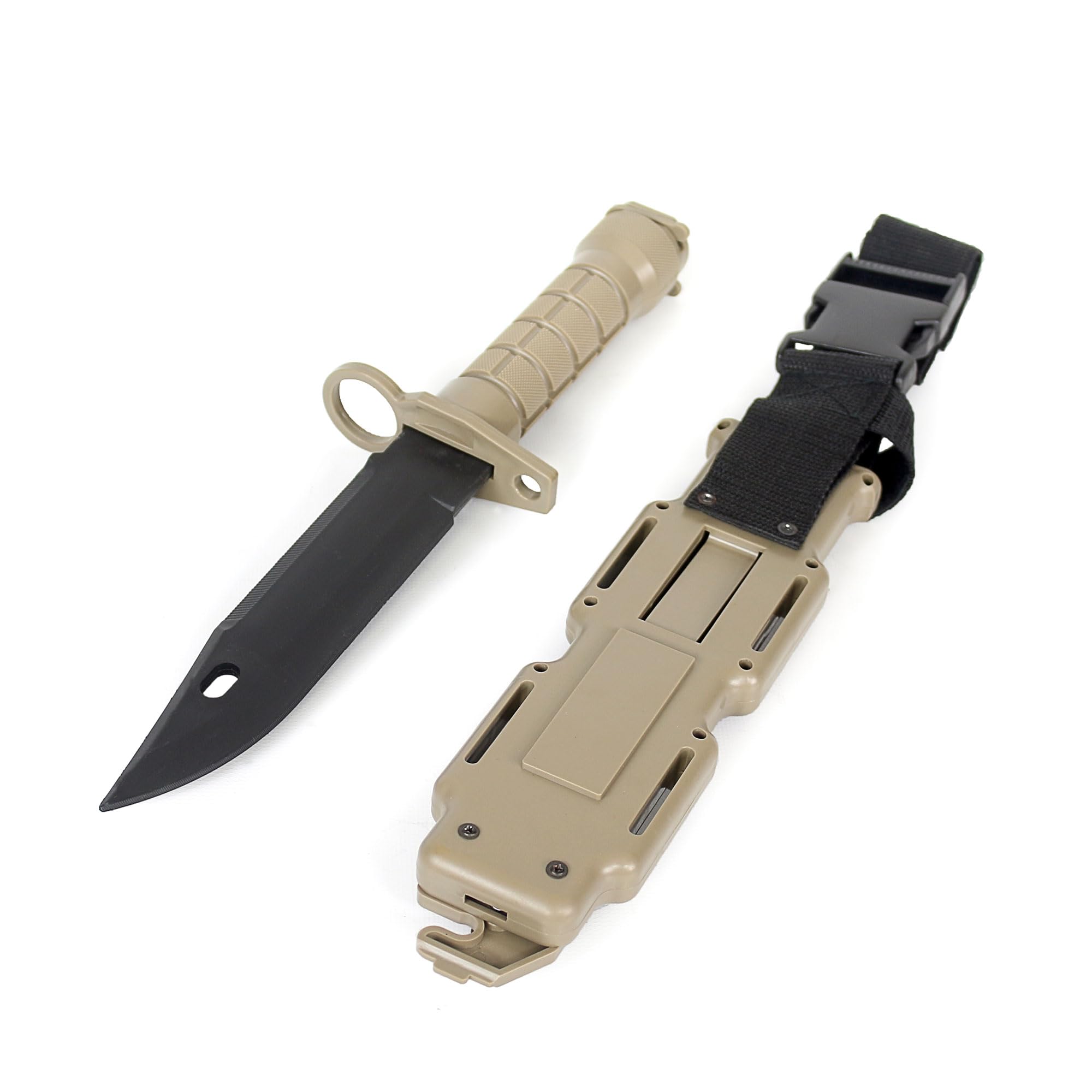 MetalTac Rubber Knife Training with Sheath for Practice, Airsoft, Martial Arts Guard Fight; with Leg Holster Holder Handle Grip 11.75" inch (Tan)