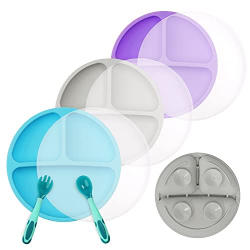 Wee me Suction Plates for Babies & Toddlers - Silicone Plates with Lids and Spoon Fork For Baby, Dishwasher and Microwave Oven Safe, 3 Pack (Ether, Sage & Blush)