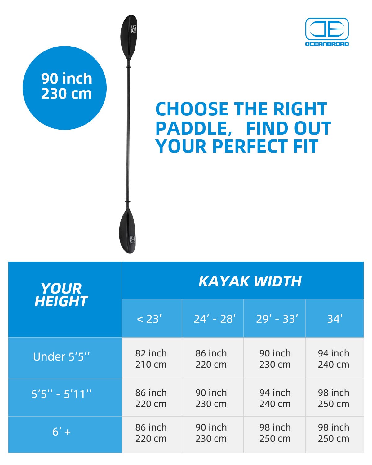 OCEANBROAD Kayak Paddle 230CM/90.5 Inches Premium Carbon Shaft Kayaking Boating Oar with Paddle Leash