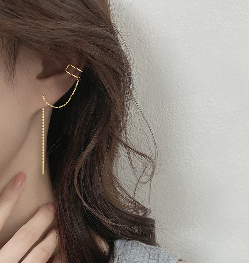 SLUYNZ 925 Sterling Silver Cuff Earrings Threader Chain for Women Crawler Earrings Wrap Earrings (Gold Plated)